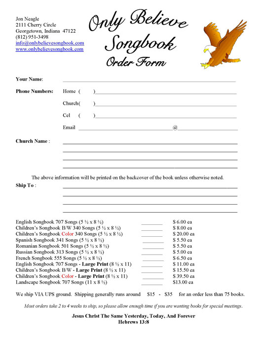 Only Believe Songbook - Order Forms
